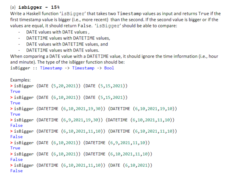Solved (a) isbigger - 158 Write a Haskell function | Chegg.com