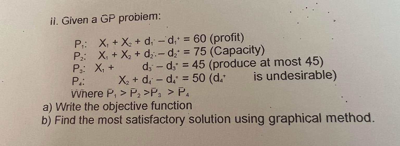 ii. Given a GP probiem: P1:X1+X2+d1−−d1+=60 (profit) | Chegg.com
