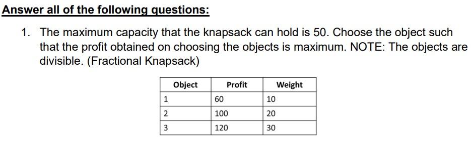 Solved 1. The maximum capacity that the knapsack can hold is | Chegg.com