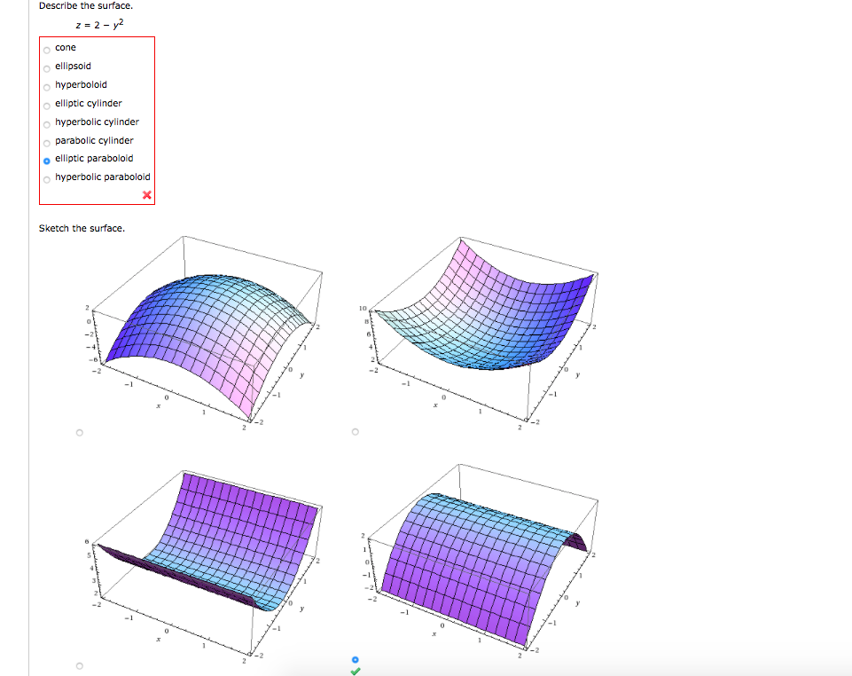 Solved Describe the surface. z = 2 - y2 cone ellipsoid | Chegg.com