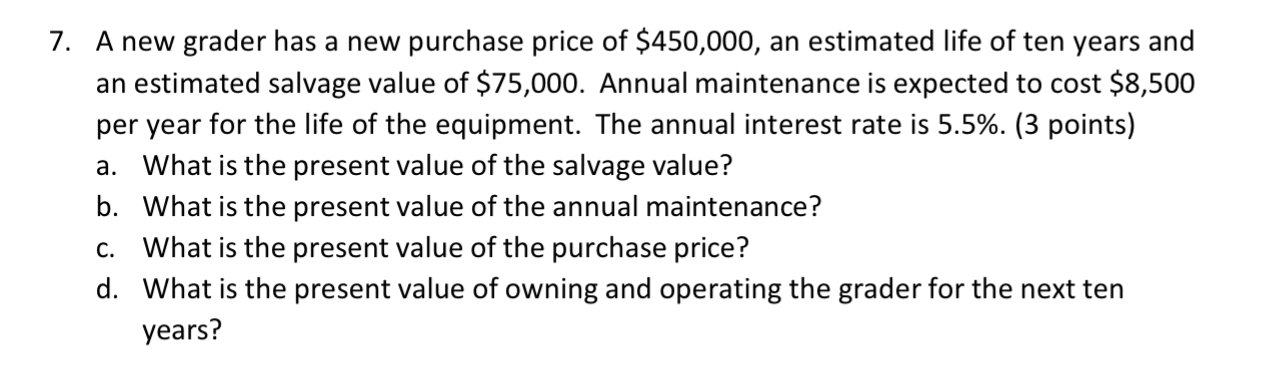 Solved 7. A new grader has a new purchase price of $450,000, | Chegg.com