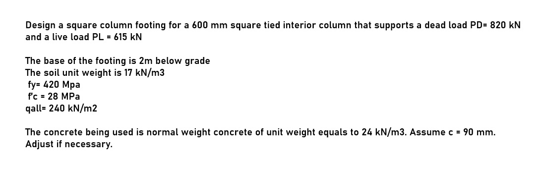 Design a square column footing for a 600 mm square | Chegg.com