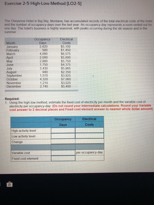 Solved Exercise 2-5 High-Low Method [LO2-5 The Cheyenne | Chegg.com