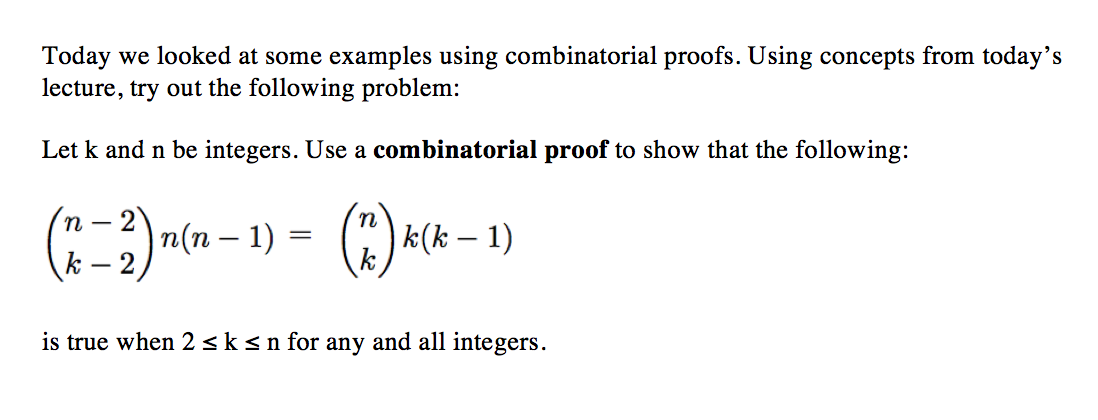 Solved Today we looked at some examples using combinatorial | Chegg.com