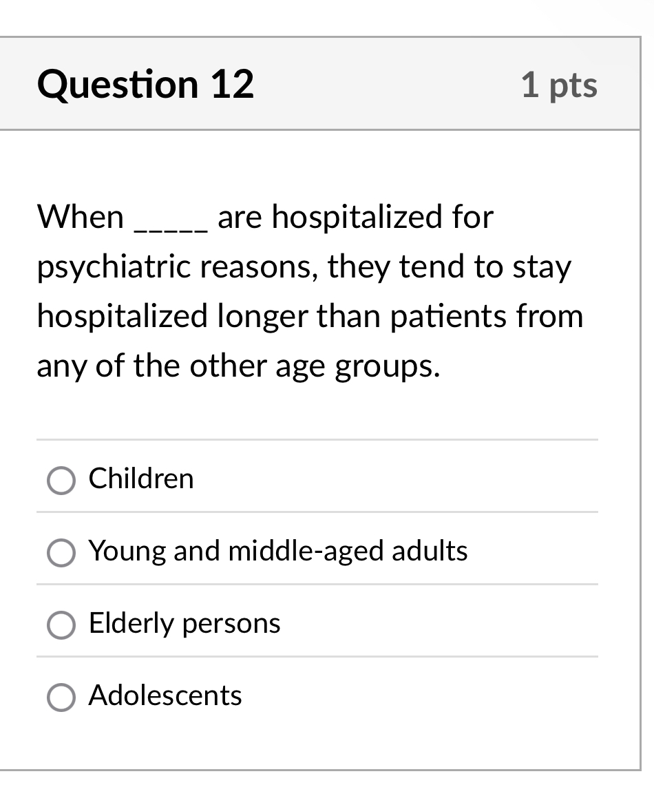 Solved Question 12When are hospitalized for psychiatric | Chegg.com