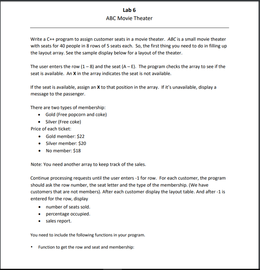 Solved Lab 6 ABC Movie Theater Write a C++ program to assign | Chegg.com