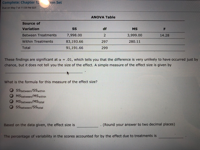 Solved 7. Effect size and ANOVA | Chegg.com