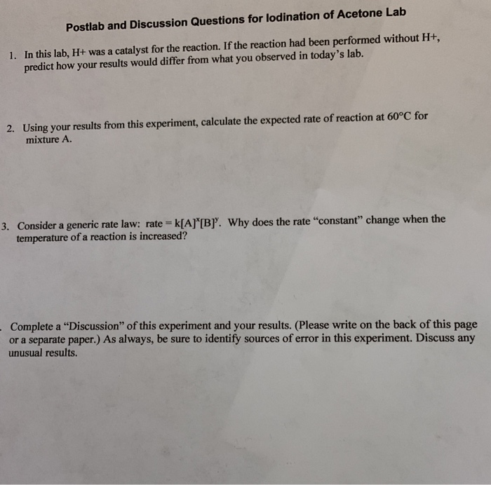 The lodination of Acetone, a Chemical Kinetics Lab | Chegg.com