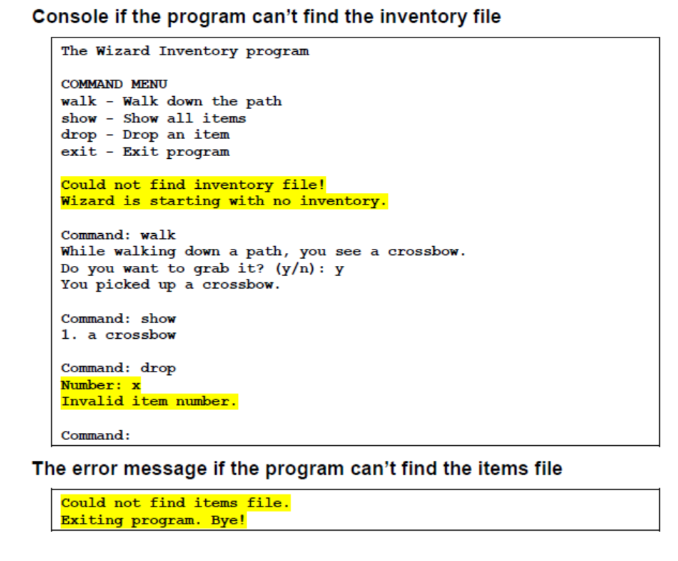 Solved Console if the program can't find the inventory file | Chegg.com