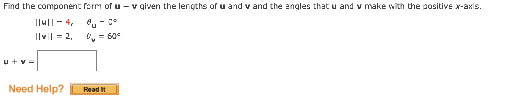 Solved Find the component form of u+v given the lengths of u | Chegg.com