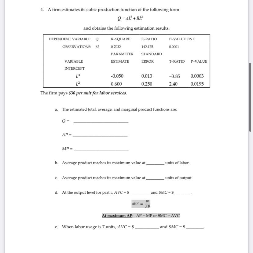 Solved 4. A firm estimates its cubic production function of | Chegg.com