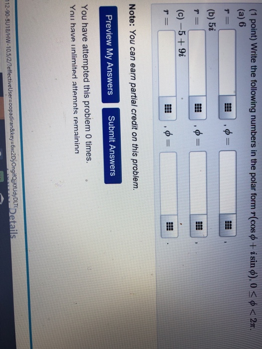 Solved (1 point) Write the complex number z =-10 + 4z in | Chegg.com