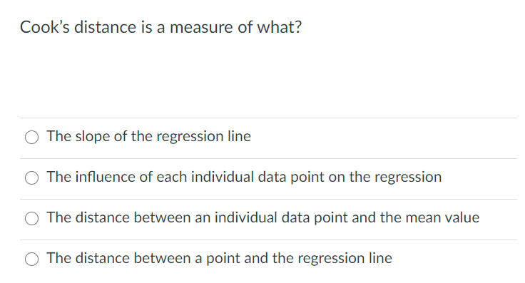 Solved Cook's distance is a measure of what? The slope of | Chegg.com