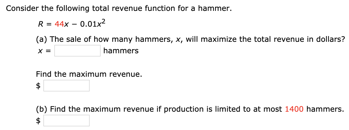 Solved Consider the following total revenue function for a | Chegg.com