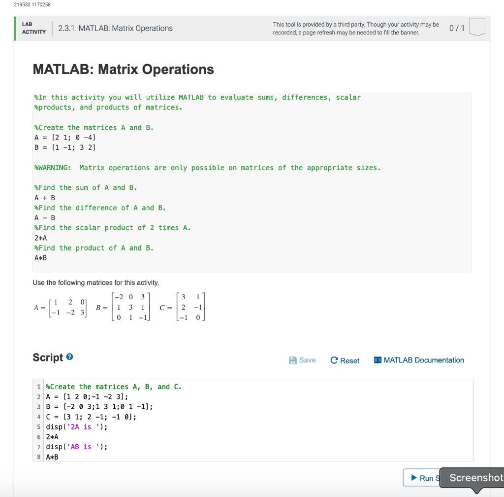 219530.1170258 LAB ACTIVITY 2.3.1: MATLAB: Matrix | Chegg.com