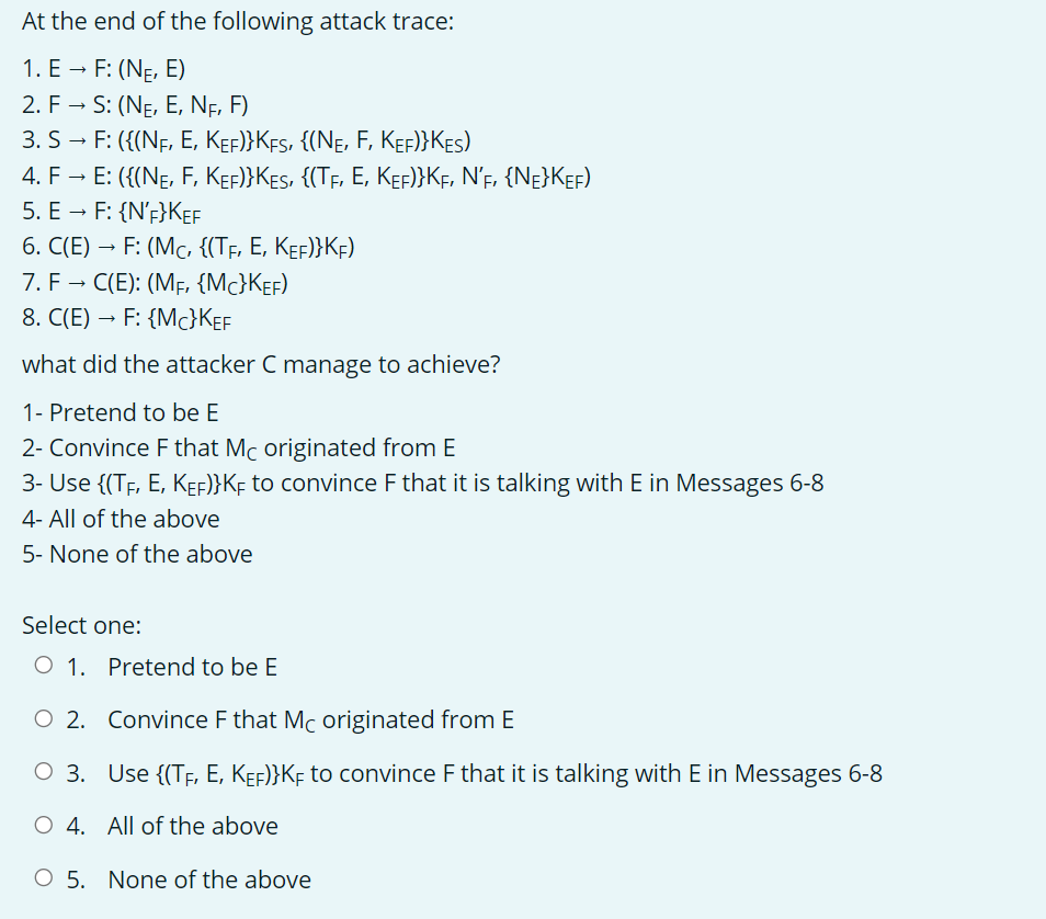 Solved = => - At the end of the following attack trace: 1. E | Chegg.com