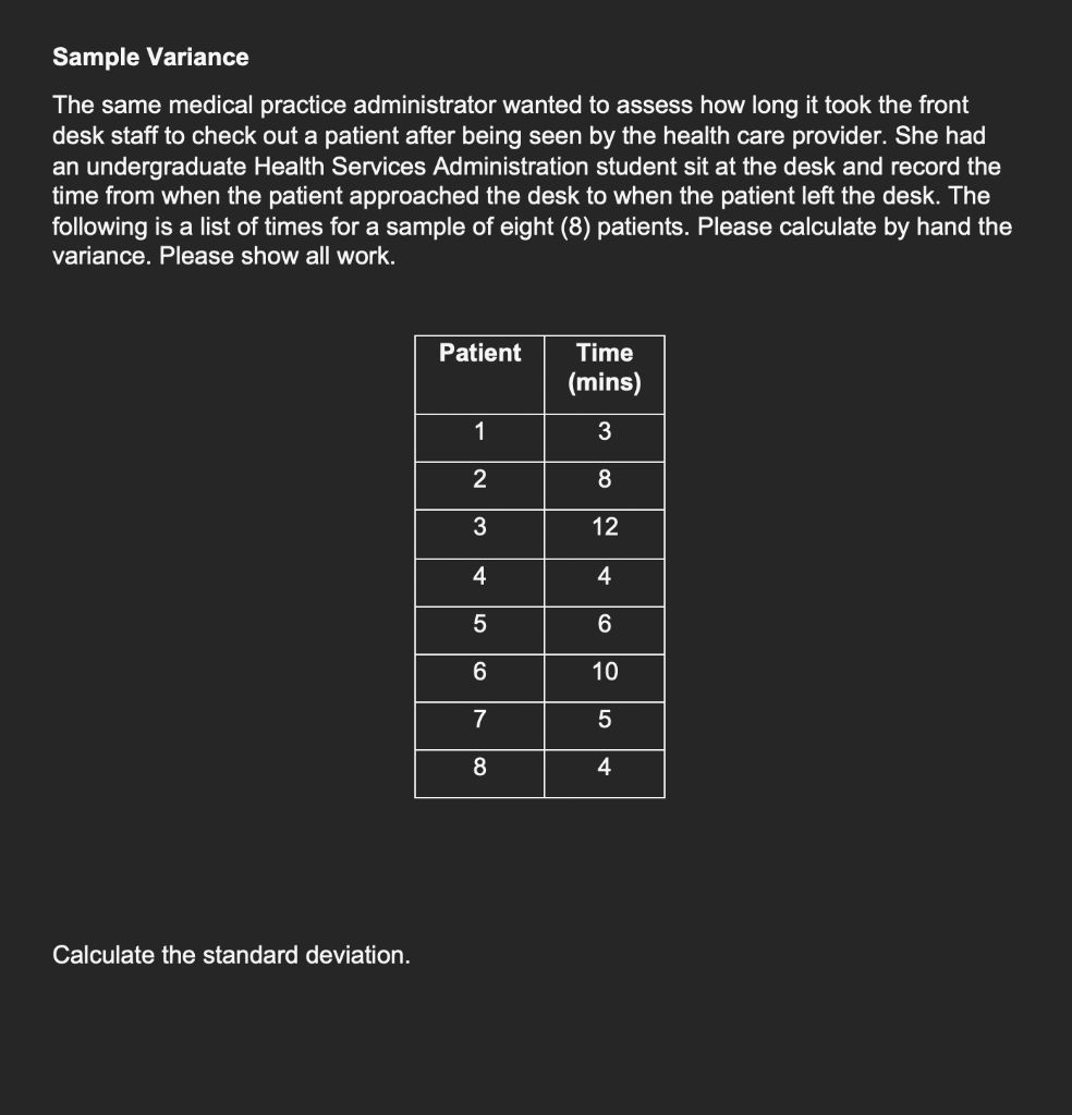 Solved Sample Variance The same medical practice | Chegg.com