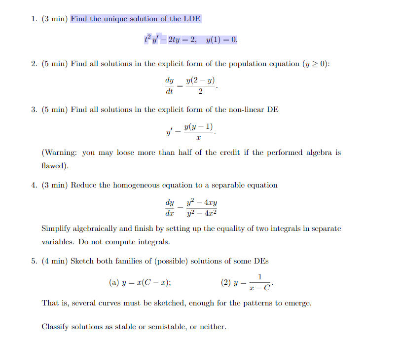 Solved 1. (3 min) Find the unique solution of the LDE + y - | Chegg.com