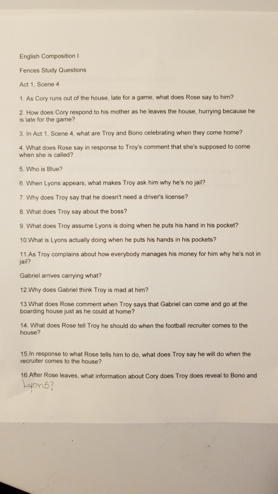 English Composition I Fences Study Questions Act 1, | Chegg.com