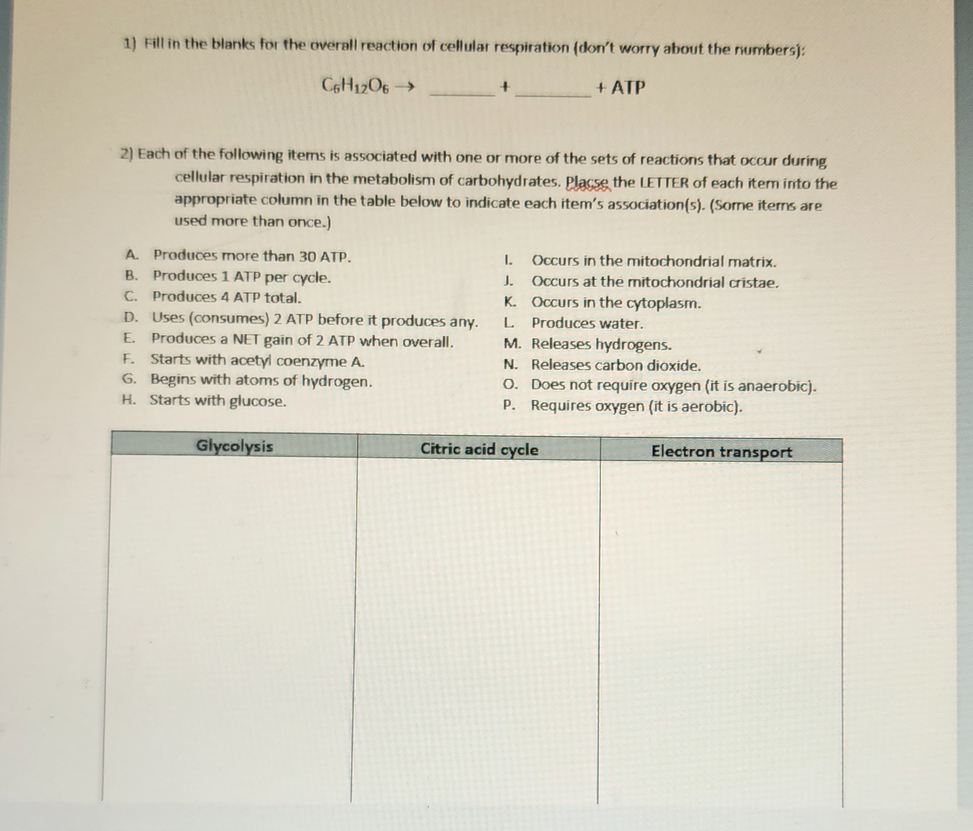 Solved 1) Fill in the blanks for the overall reaction of | Chegg.com