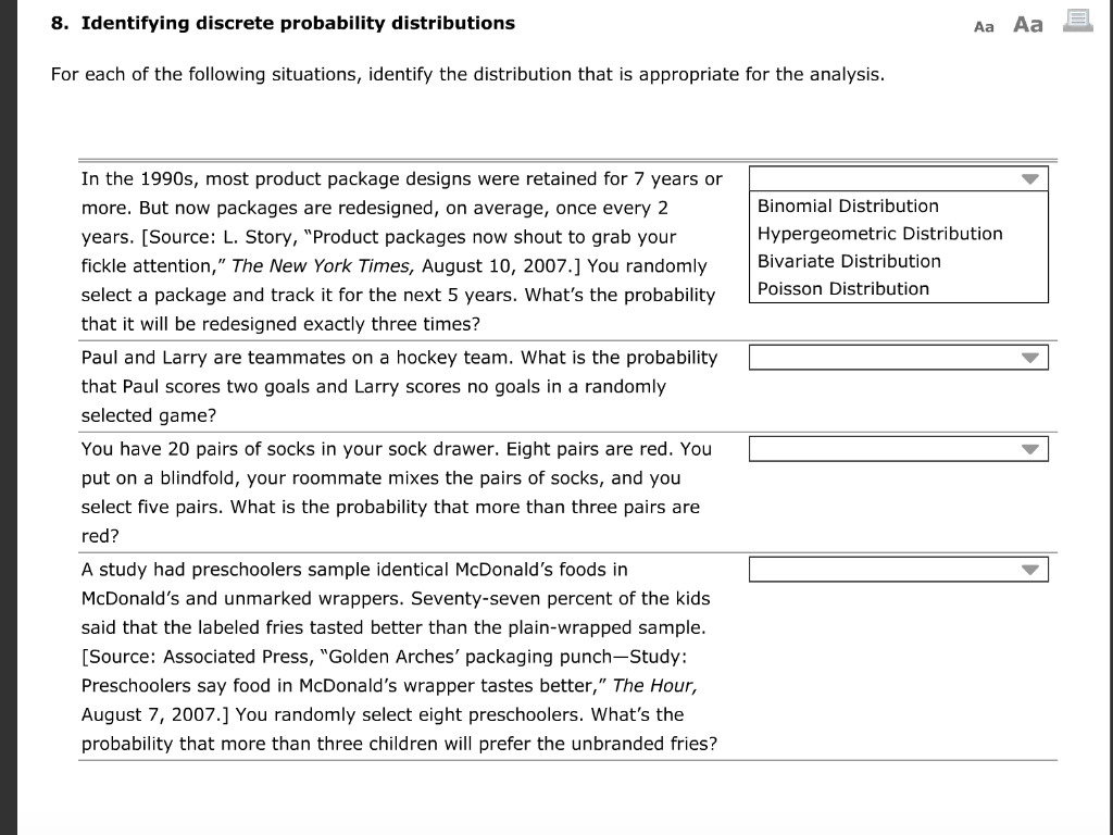 Solved 8. Identifying discrete probability distributions Aa | Chegg.com