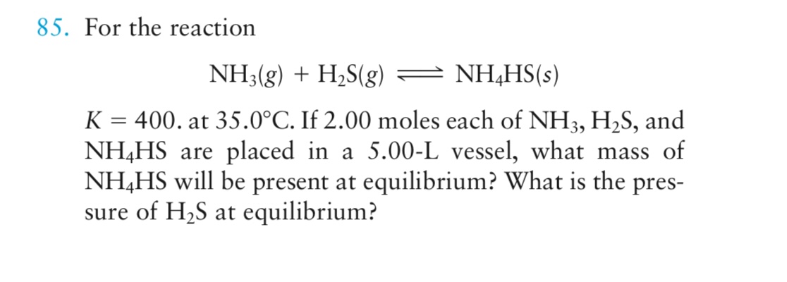 Solved 85. For the reaction NH3(g)+H2 S(g)⇌NH4HS(s) K=400. | Chegg.com