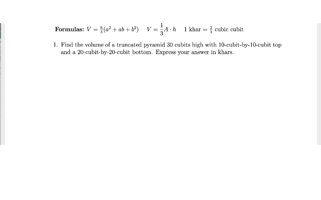 Solved Formulas: V = $(a² + ab + b2) V=-Ah 1 khar = ſ cubic | Chegg.com