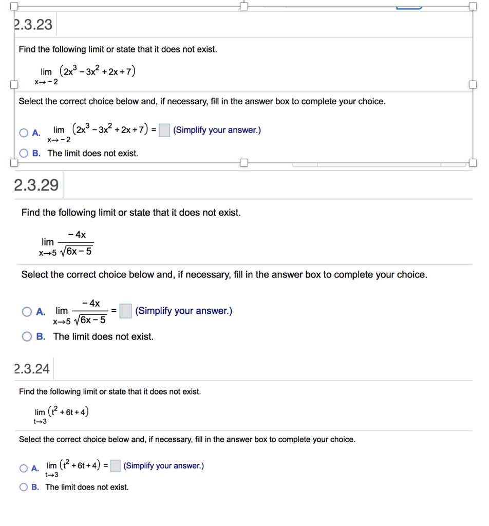 Solved 2.3.25 Find the following limit or state that it does | Chegg.com
