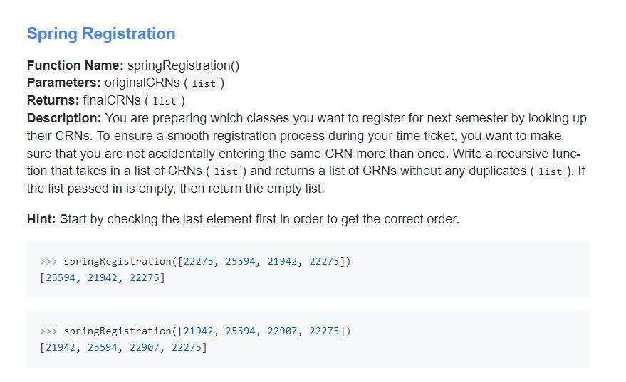 Solved Spring Registration Function Name: | Chegg.com