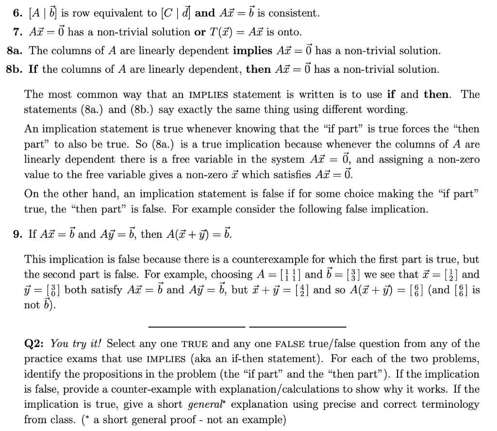 Solved 1. Ax=b is consistent. 2. [A∣b] is row equivalent to | Chegg.com