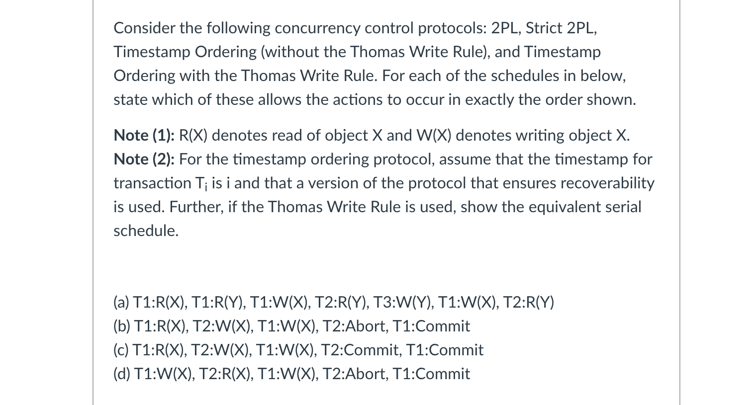 Solved Consider the following concurrency control protocols: | Chegg.com