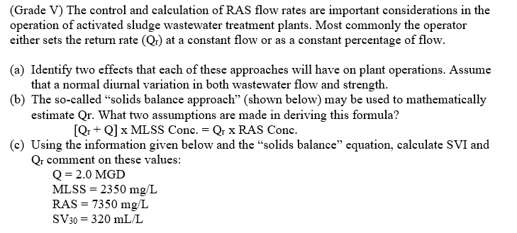 Solved (Grade V) The control and calculation of RAS flow | Chegg.com