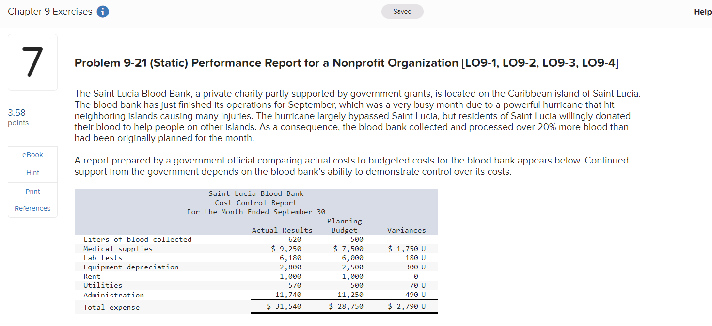 Solved Problem 9-21 (Static) Performance Report for a | Chegg.com