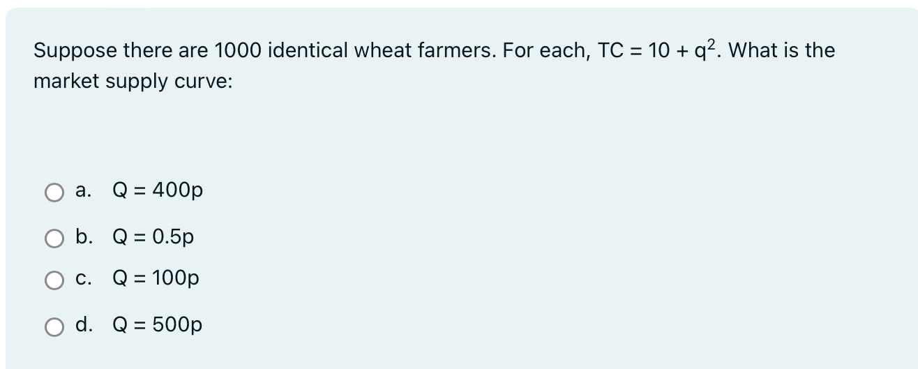 Solved Suppose there are 1000 ﻿identical wheat farmers. For | Chegg.com