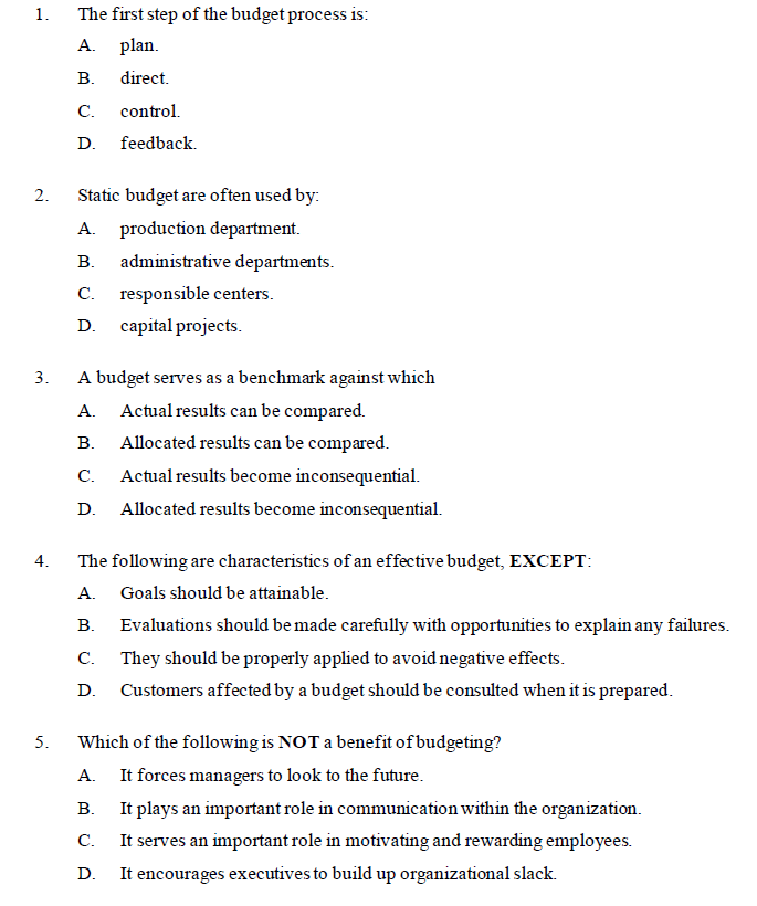 Solved 1 The First Step Of The Budget Process Is A Plan Chegg