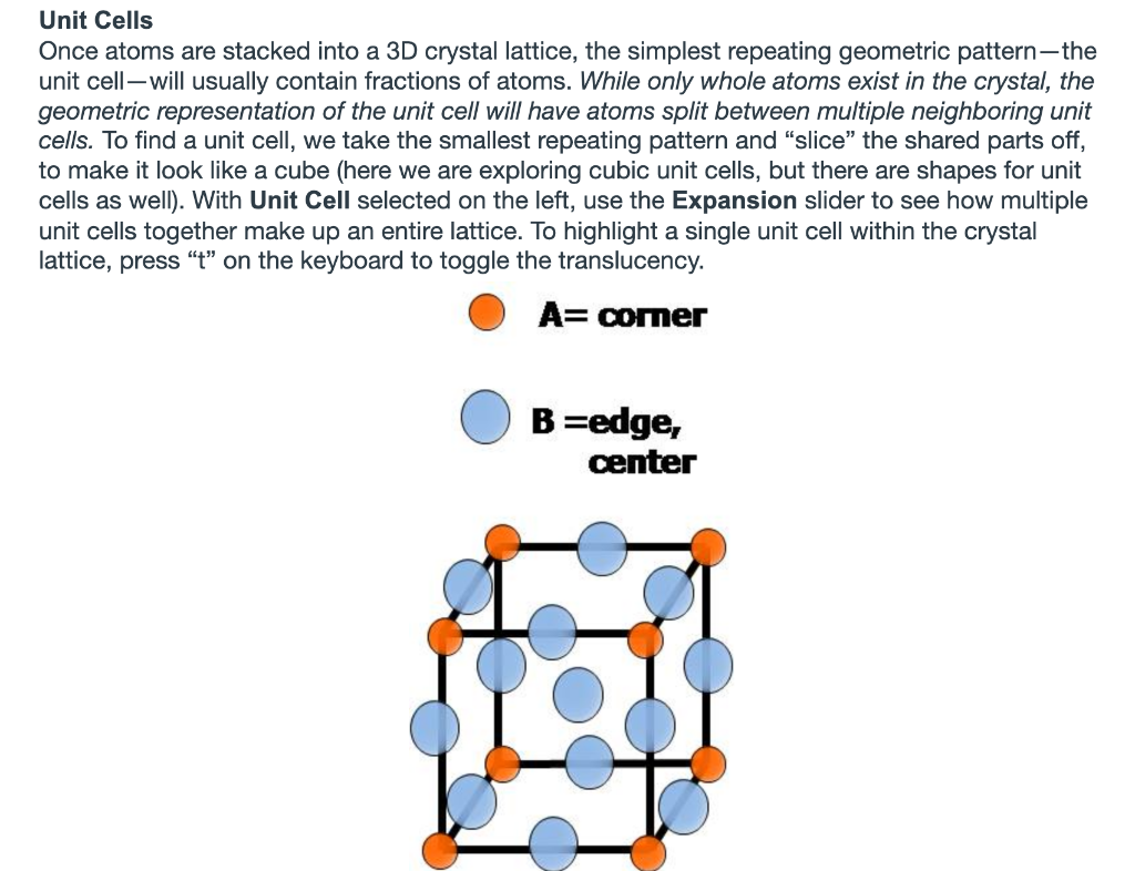 Solved Unit Cells Once atoms are stacked into a 3D crystal | Chegg.com