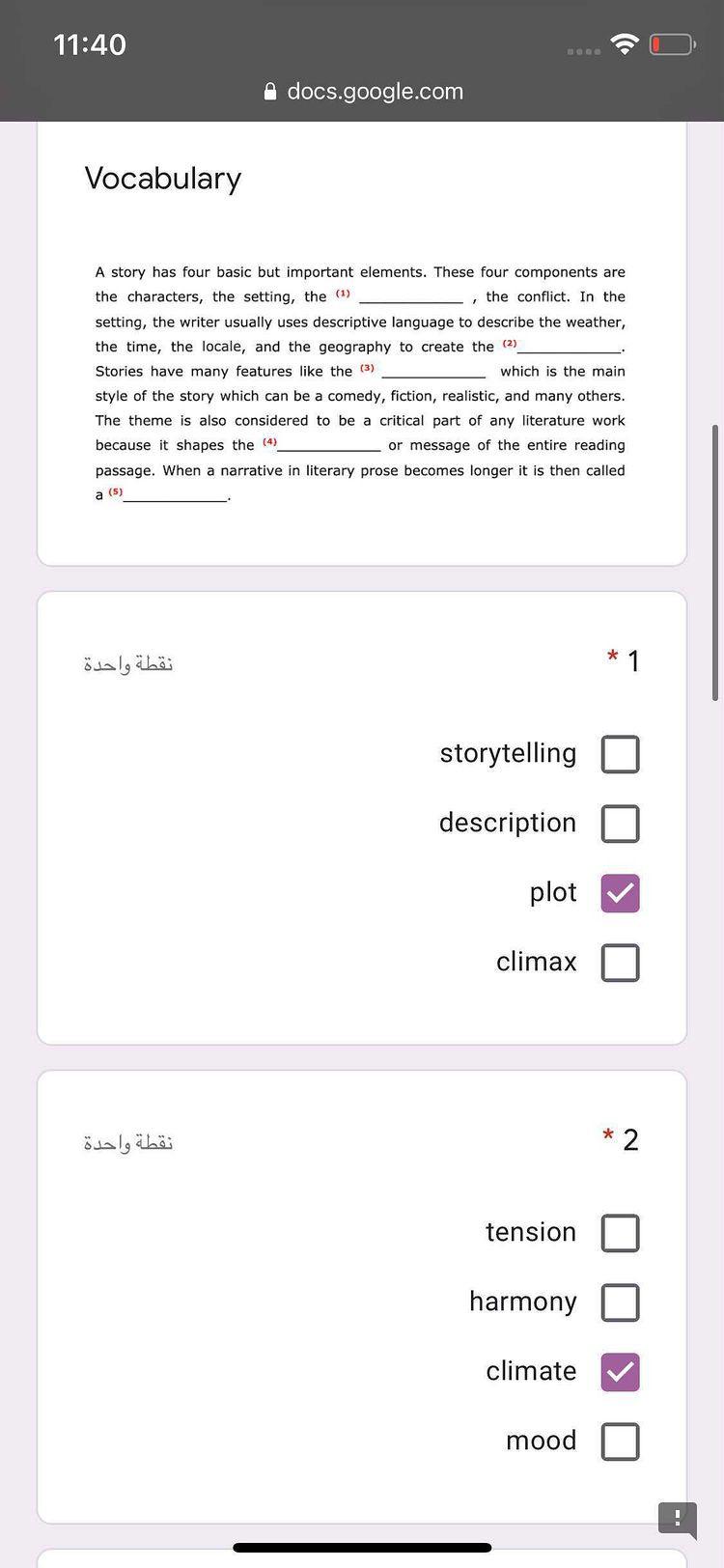 Solved 11:40 docs.google.com Vocabulary A story has four | Chegg.com