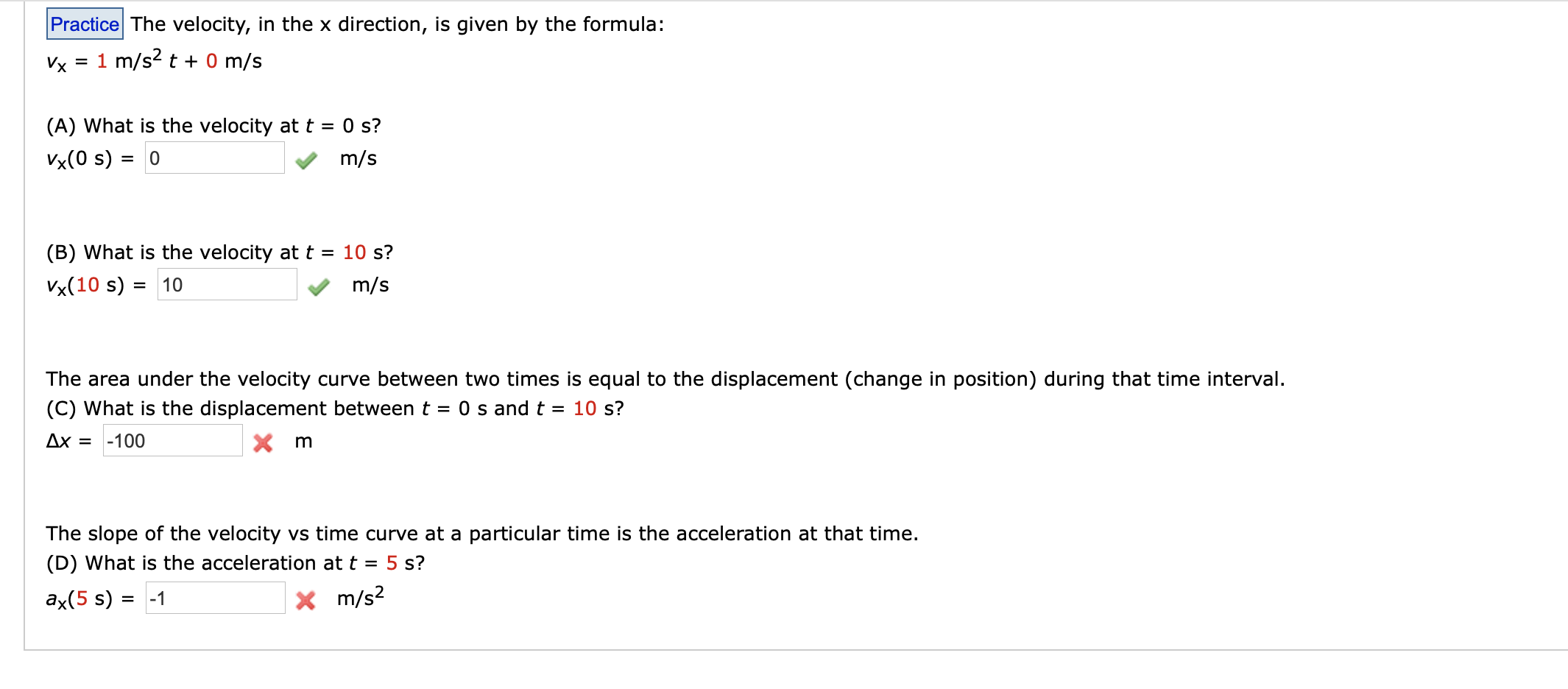 Solved Practice. The velocity, in the x direction, is given | Chegg.com