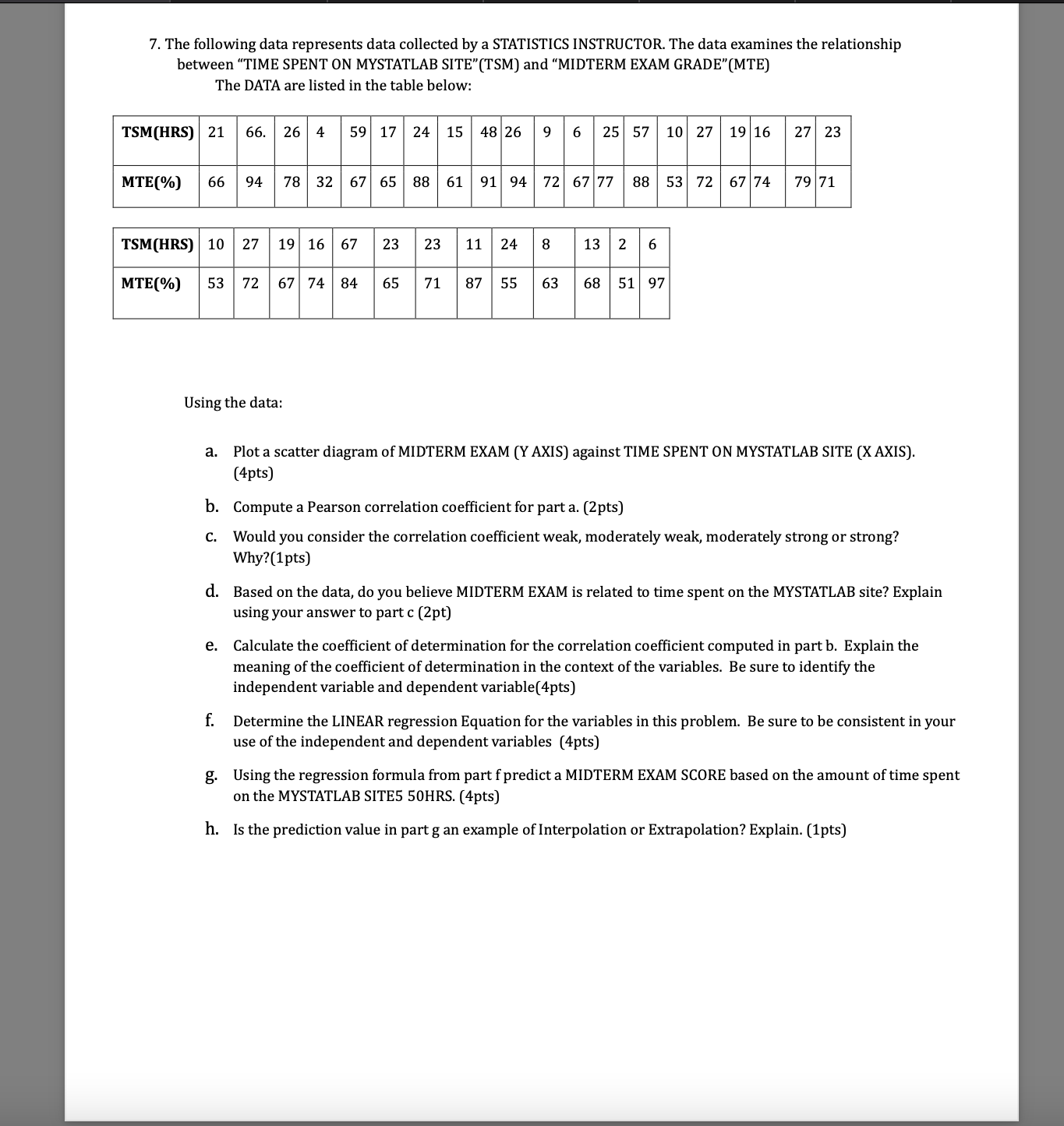 Solved 7. The following data represents data collected by a | Chegg.com