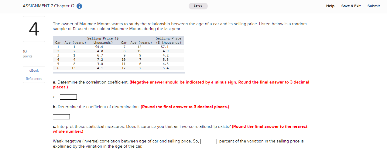Solved ASSIGNMENT 7 Chapter 12 C Saved Help Save & Exit | Chegg.com
