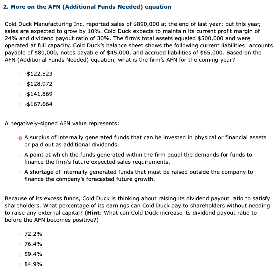 Solved 2. More on the AFN (Additional Funds Needed) equation | Chegg.com