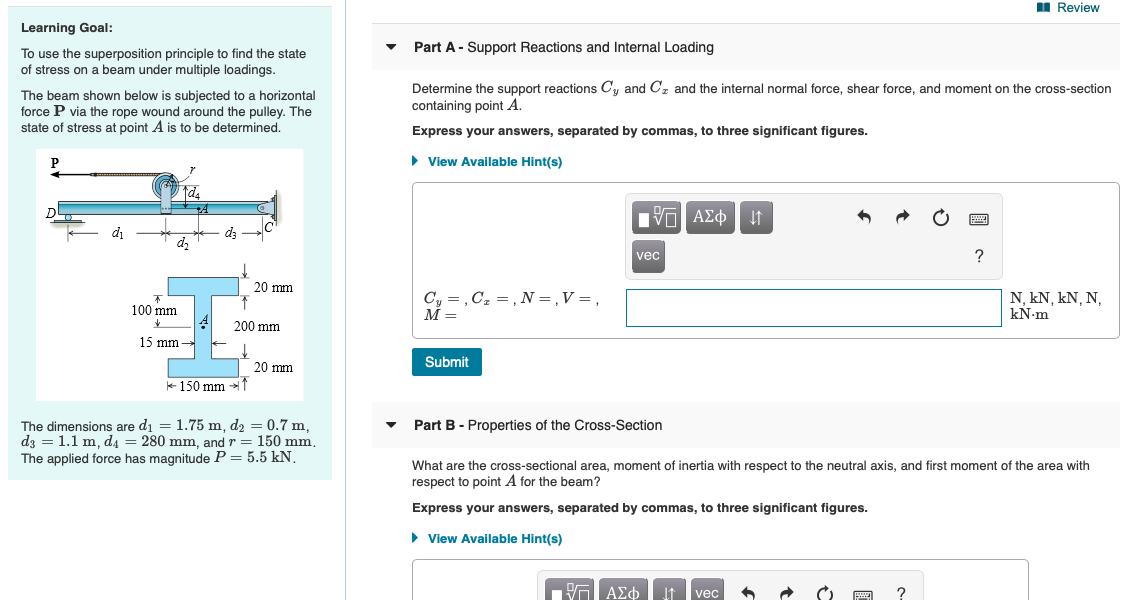 Solved 1 Review Part A - Support Reactions and Internal | Chegg.com