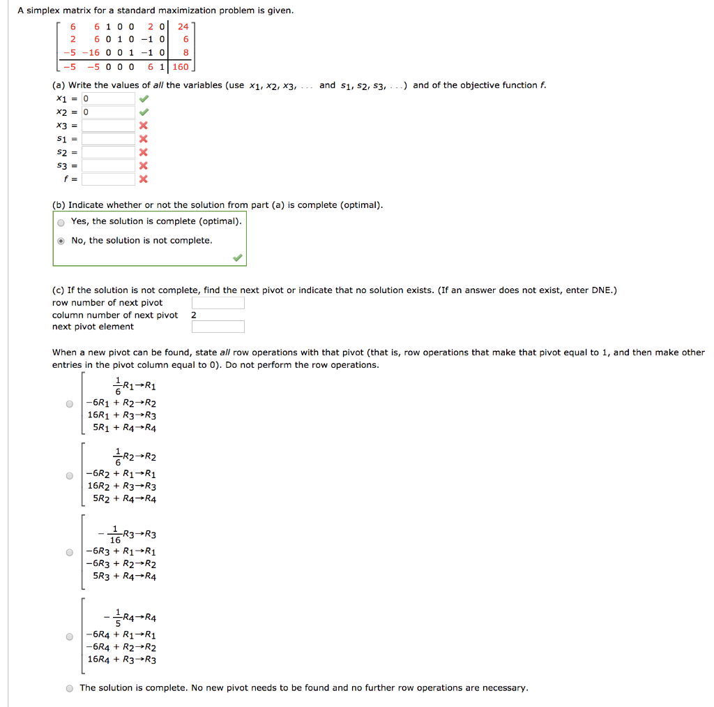 Solved A simplex matrix for a standard maximization problem | Chegg.com