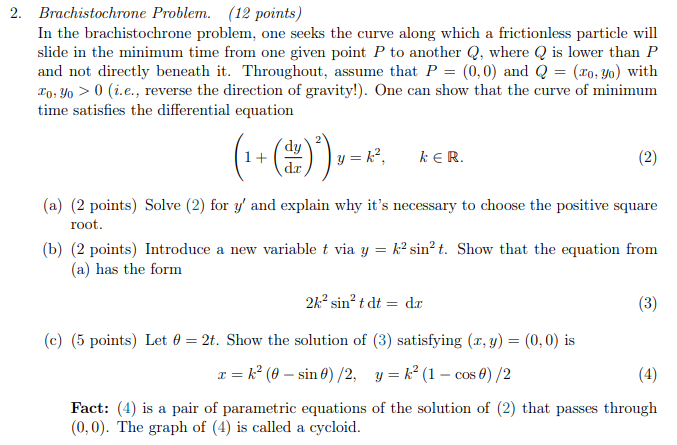 Solved d) the parameter k is chosen so the cycloid solves | Chegg.com