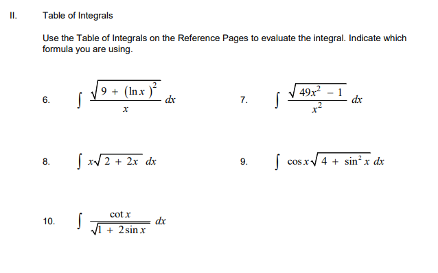 Solved 11. Table of Integrals Use the Table of Integrals on | Chegg.com