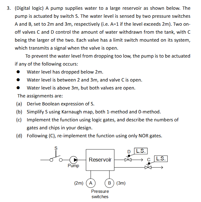 Solved 3. (Digital logic) ﻿A pump supplies water to a large | Chegg.com