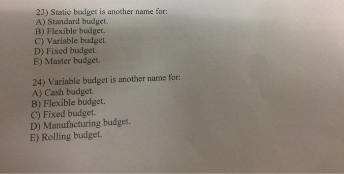 Solved 23) Static budget is another name for: A) Standard | Chegg.com