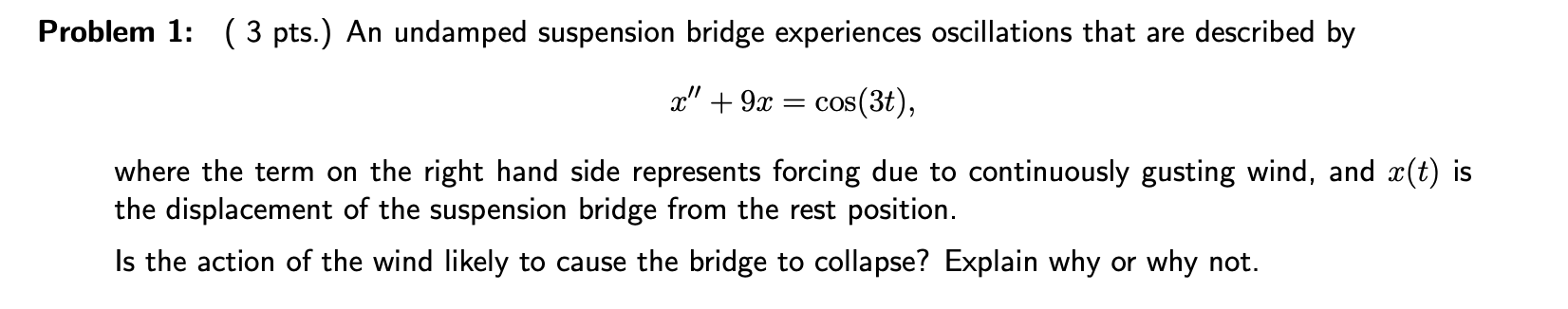 Solved Problem 1: (3 pts.) An undamped suspension bridge | Chegg.com