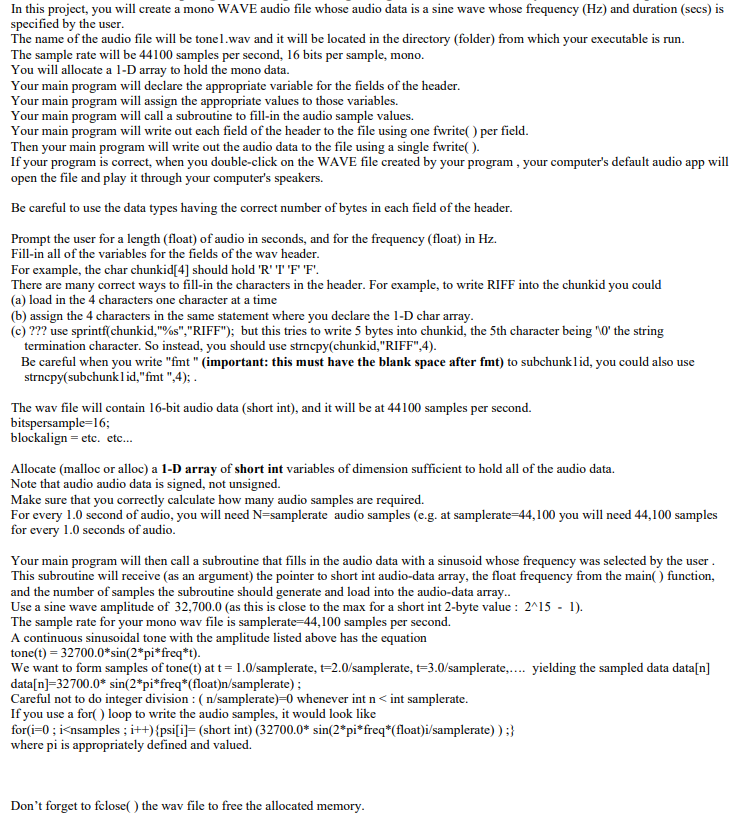 Solved In this project, you will create a mono WAVE audio | Chegg.com