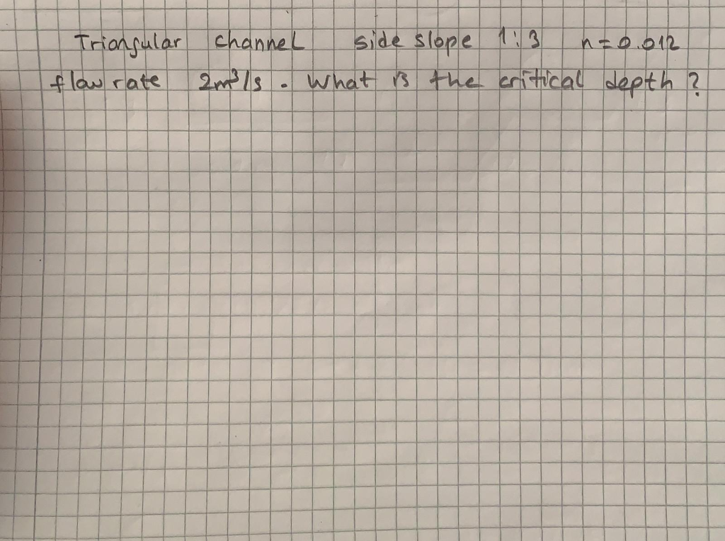 Solved Triangular channel side slope 1.3 n=0.012 flow rate | Chegg.com